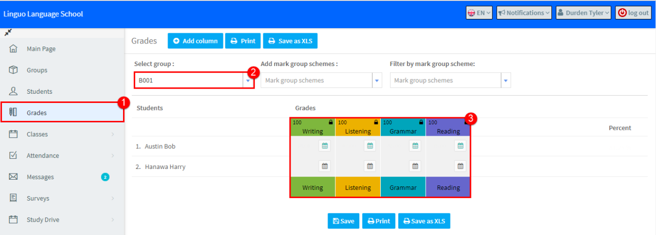 Grades | SchoolMate best language school management system